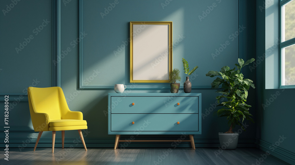 Blank biege poster frame mock up template, room interior in fusion ...