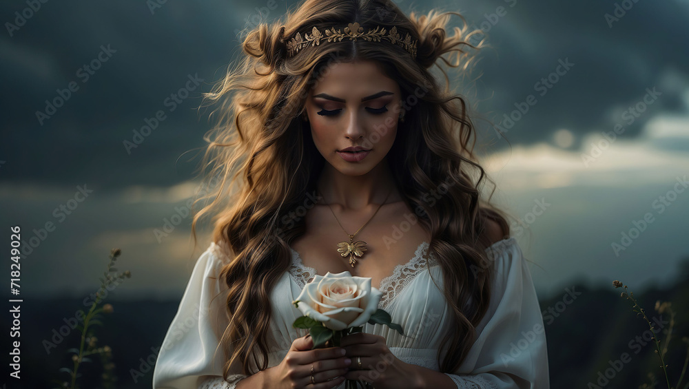 Realistic portrait of a Golden-haired woman holding a white rose ...