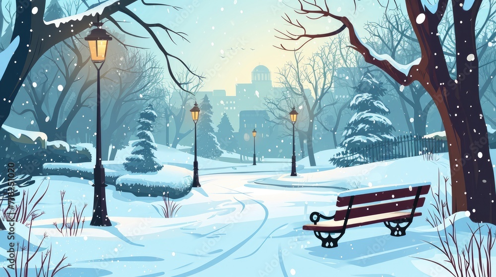 Cartoon winter park. A whimsical recreation area covered in snow. A ...
