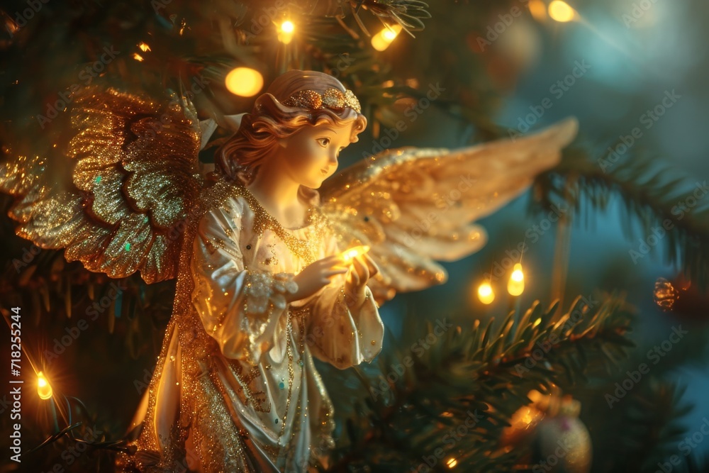 Heavenly Figure Adorns Christmas Tree As Shining Angel Topper. Сoncept ...
