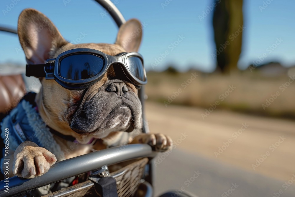 Playful French Bulldog Wearing Goggles Enjoys Ride In Pedal Car ...