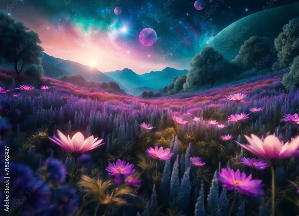 This enchanting image captures a mystical landscape bathed in the soft ...