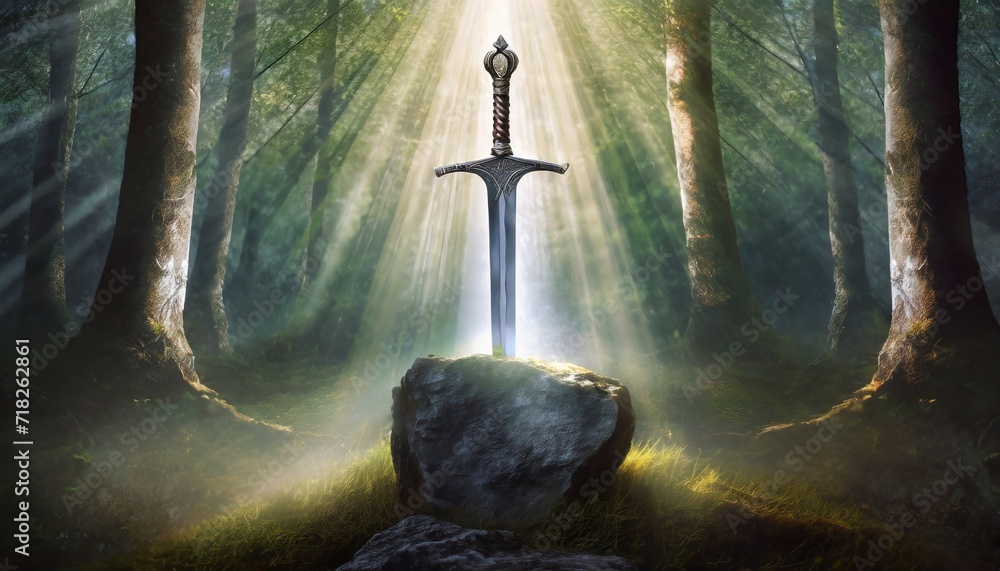 excalibur sword in the stone with light rays in a dark forest digital ...
