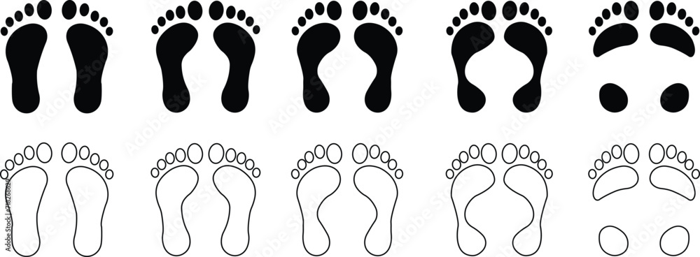 Human footprints icon set. Foot imprint, footsteps flat line black ...