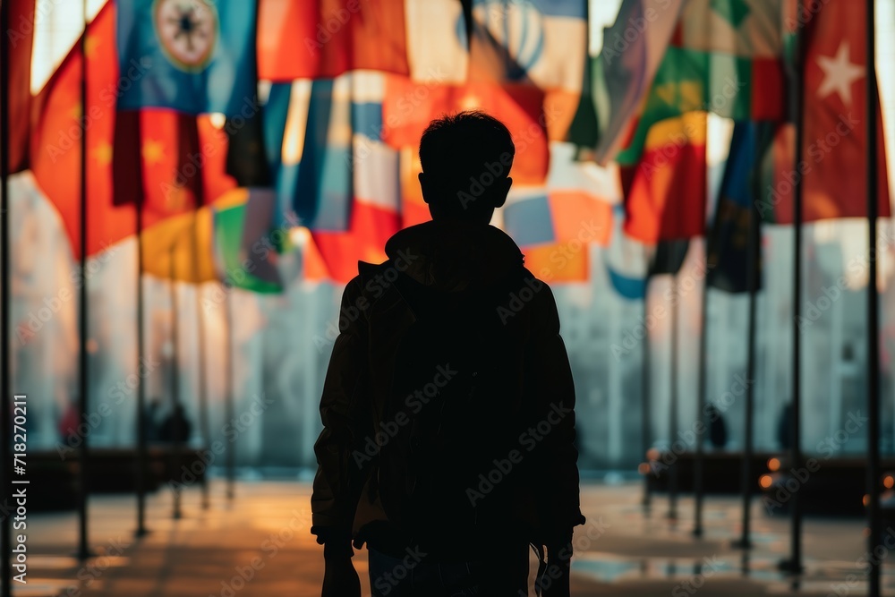 figure of human refugee with suitcases coloring with different world ...