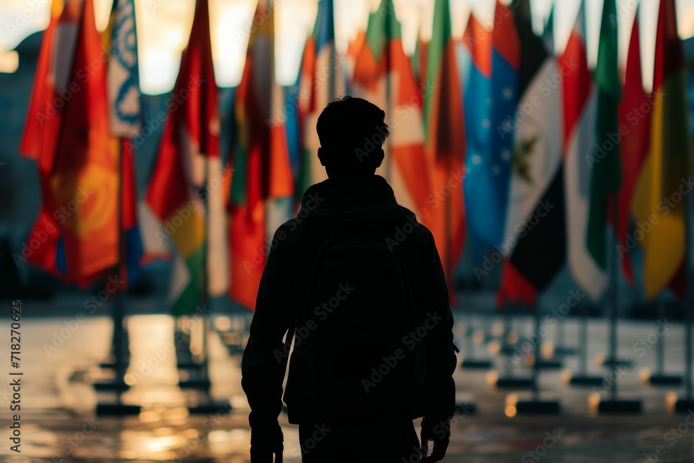 figure of human refugee with suitcases coloring with different world ...