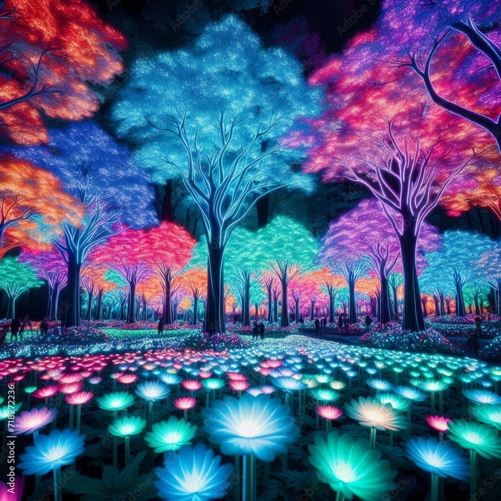 The shimmering flower forest is filled with plants that grow in vibrant ...