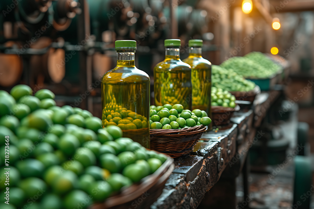 extra virgin olive oil, bottles full of olive oil, baskets full of ...