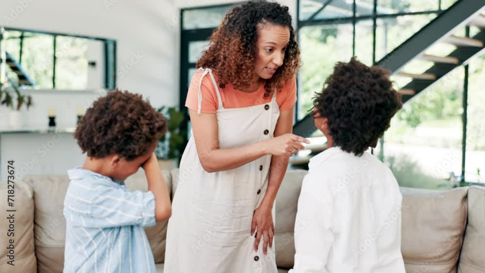 Angry mother, conflict and naughty children in a house with hand ...