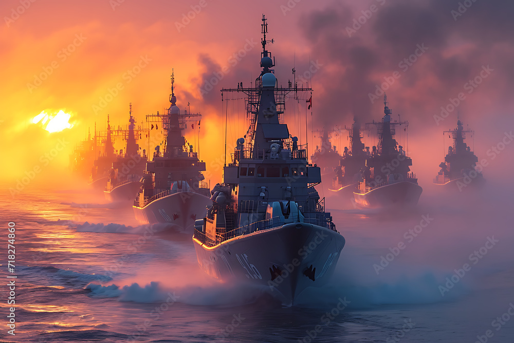Navy during exercises, a lot of ships of different types Stock ...