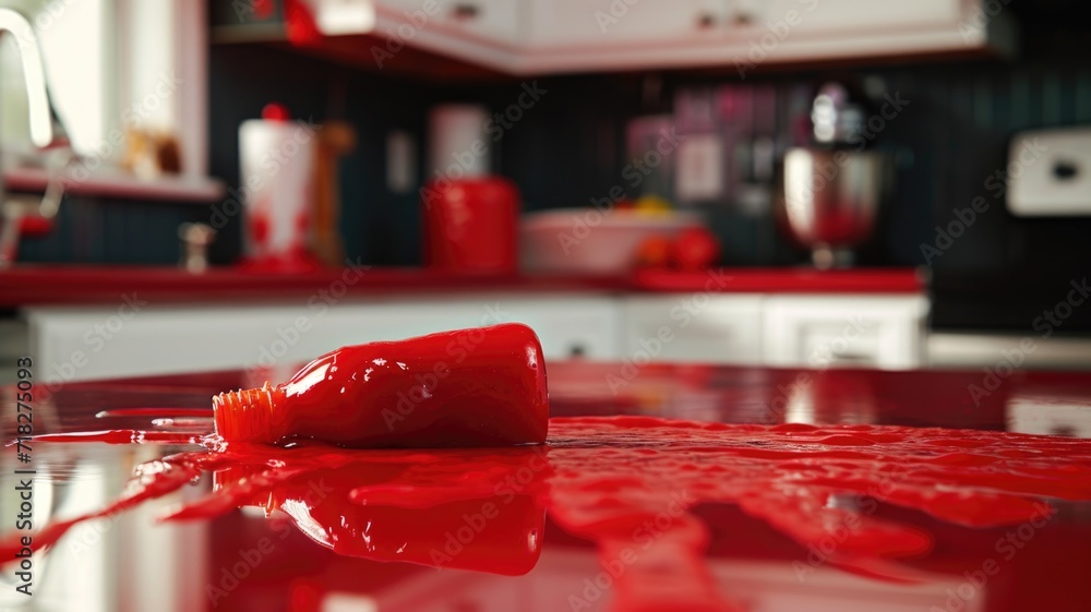 spilled bottle of ketchup on a kitchen counter, creating a vibrant red ...