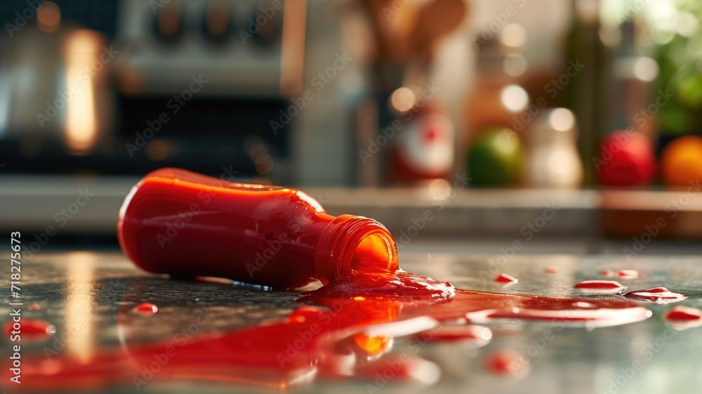 spilled bottle of ketchup on a kitchen counter, creating a vibrant red ...