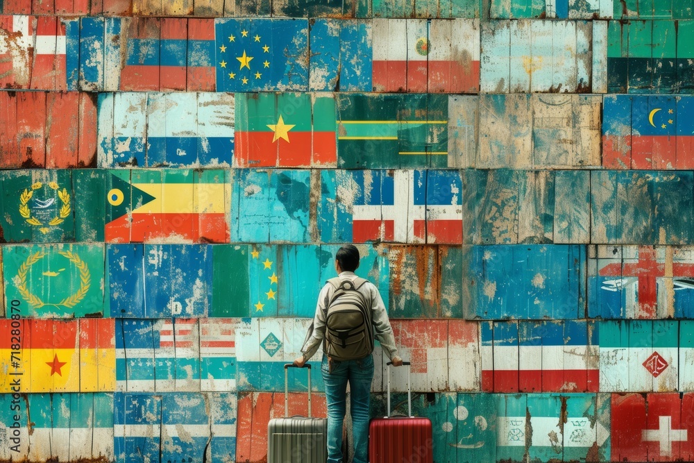 figure of human refugee with suitcases coloring with different world ...