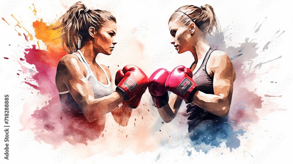 Watercolor illustration of two female boxers facing off in the ring ...