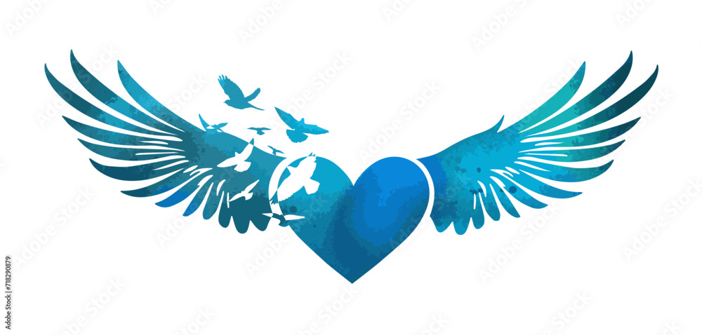 blue Heart and birds logo. hand drawing. Heart with wings. Not AI ...