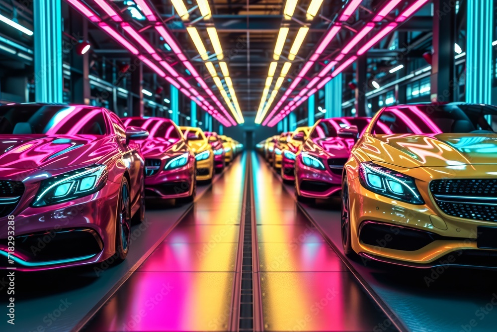 A line of sleek luxury cars gleaming under the bright factory lights ...