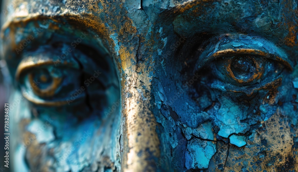 a close up of a statue of a person's face with blue and gold paint on ...