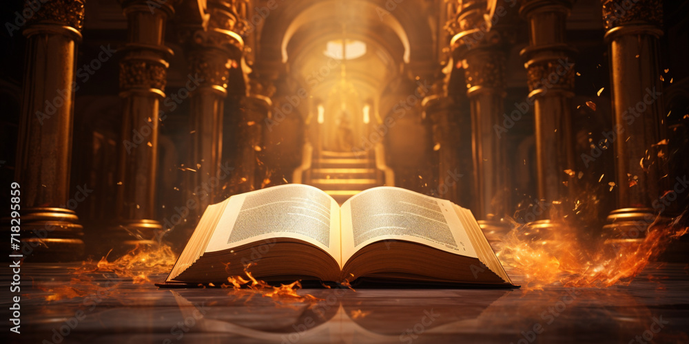 Open holy bible book with glowing lights background with church, Open ...