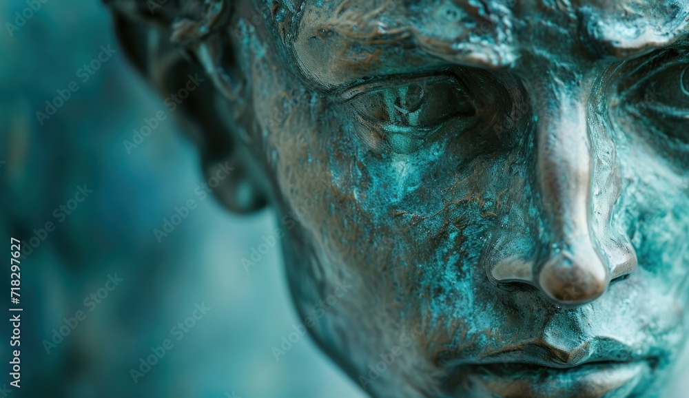 a close - up of a statue of a man's face with green paint on it's face ...
