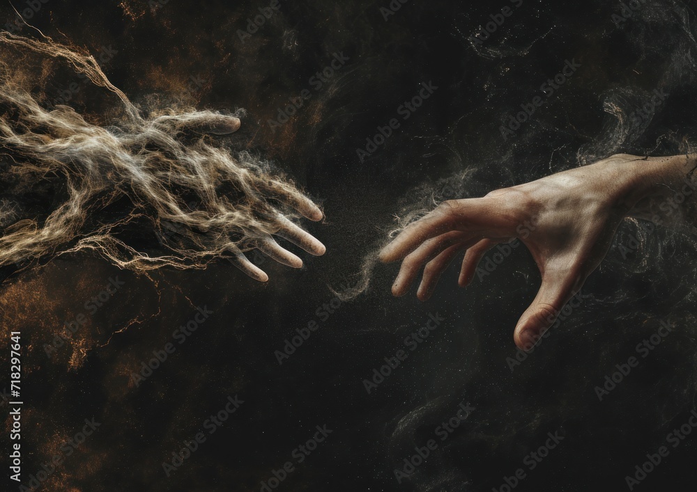 a painting of a hand reaching out to a hand reaching out to a hand ...