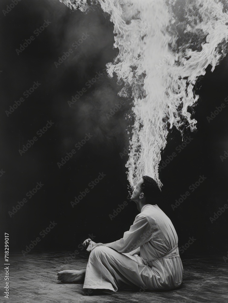 Ilustracja Stock: Black and white portrait of man with burning head on ...