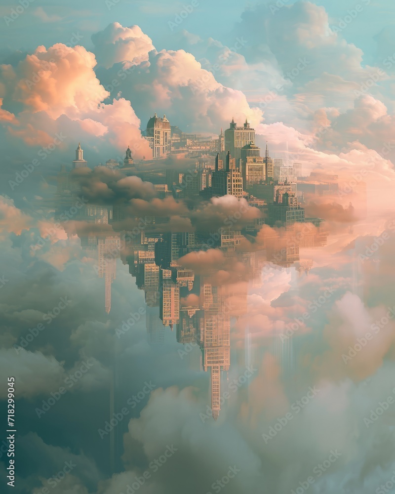illustration of a futuristic city in the clouds with a blue sky. A surreal composition featuring ...