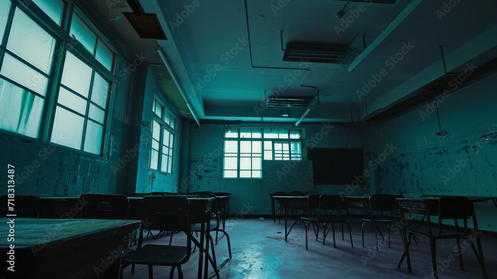 Worms eye view of empty dark classroom, desks chairs and blackboard, in ...