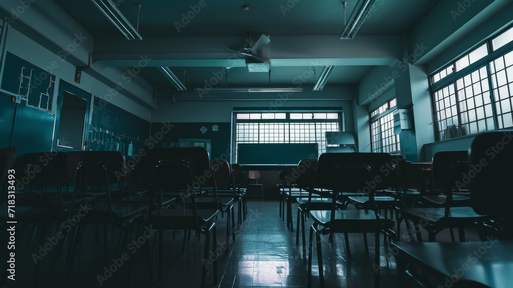 Worms eye view of empty dark classroom, desks chairs and blackboard, in ...