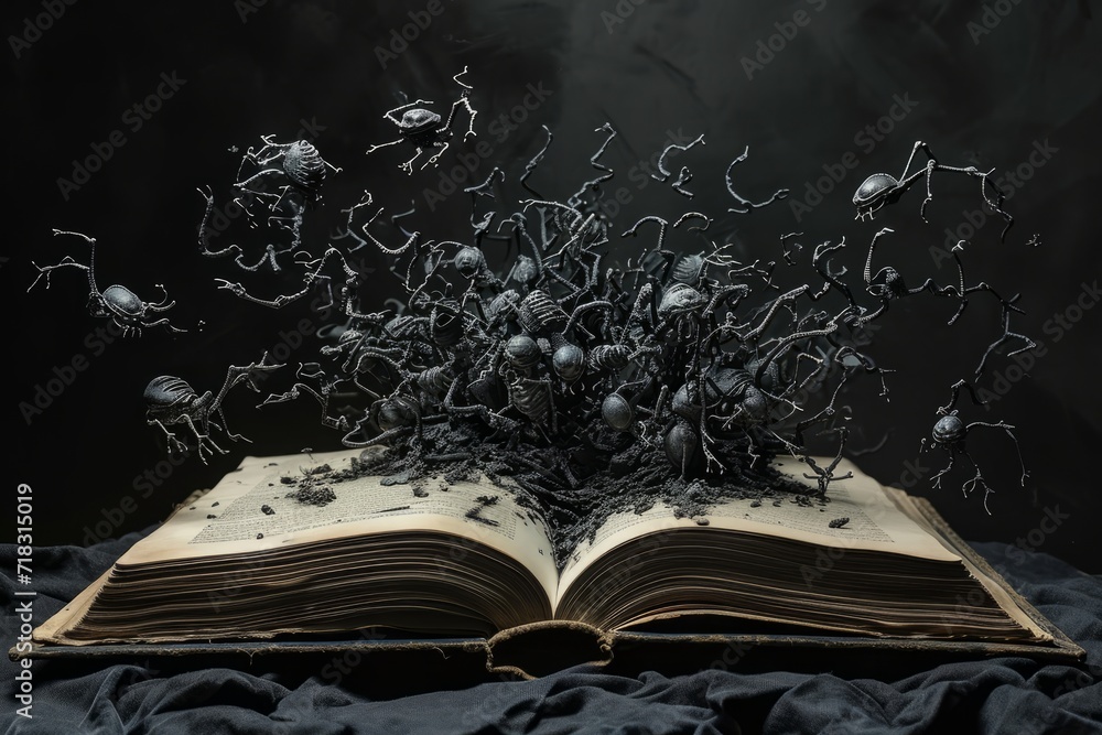 Old book with tentacles coming out of it on wooden table. Dark ...