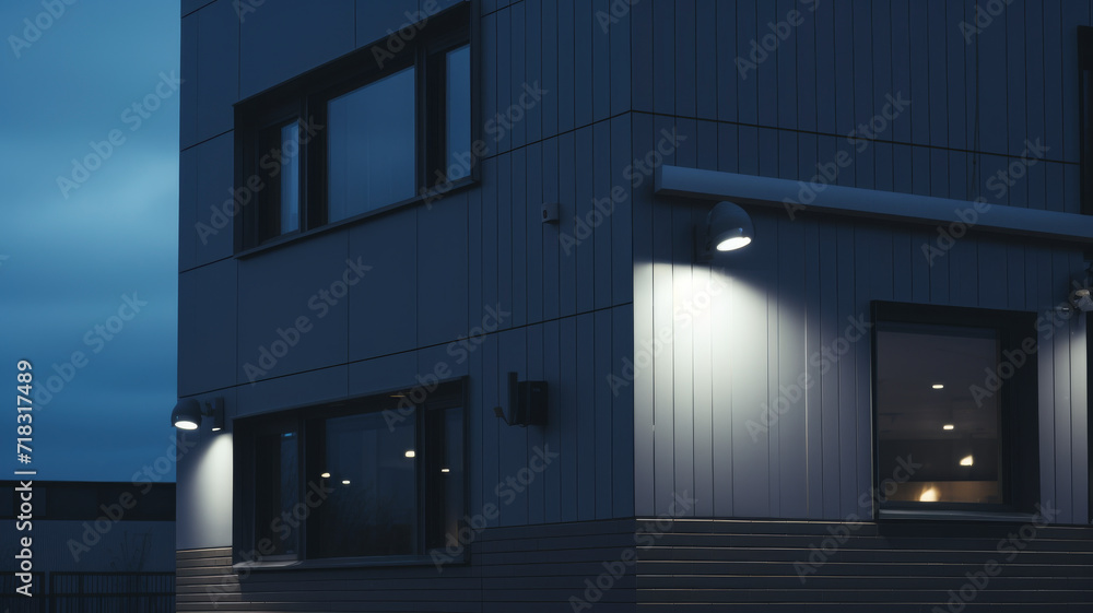 Home Security. Modern building illuminated by security light at night ...