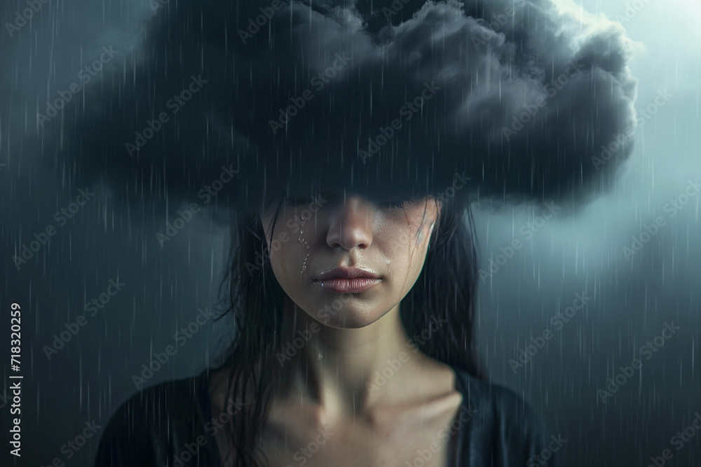 Upset woman with a dark rain cloud above her head, depression, loneliness, negative thoughts ...