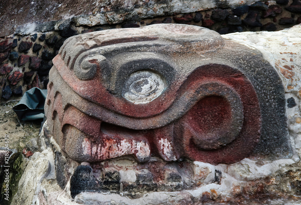Stone Snake Head Of Aztec God Quetzalcoatl In Tenochtitlan Ruins ...