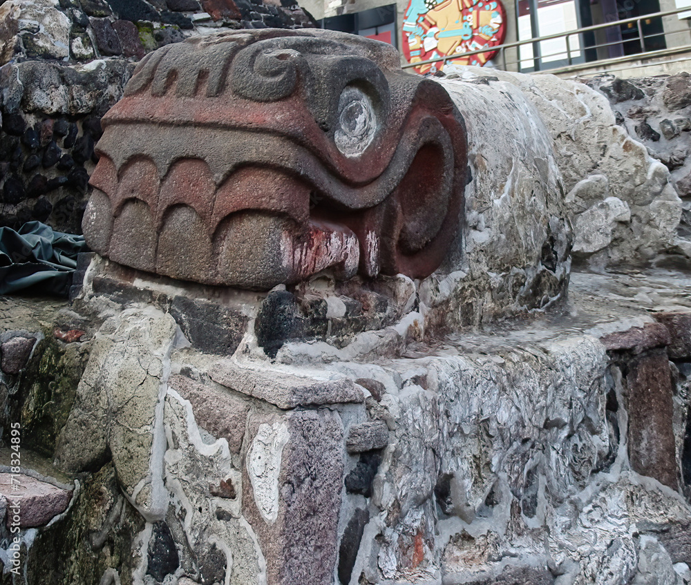 Stone Snake Head Of Aztec God Quetzalcoatl In Tenochtitlan Ruins ...