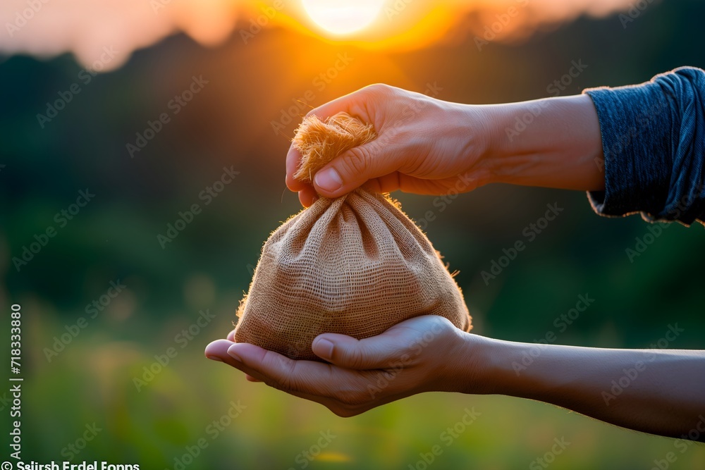 Generosity at dawn: A hand extends a money bag to another against a ...