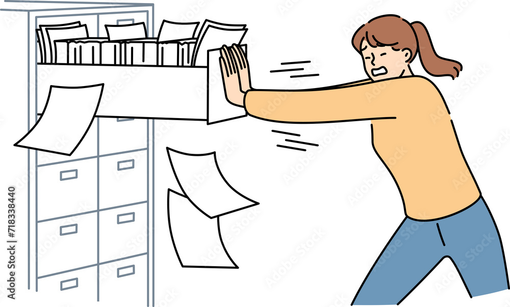 Woman closes overflowing filing cabinet, suffering from overabundance ...