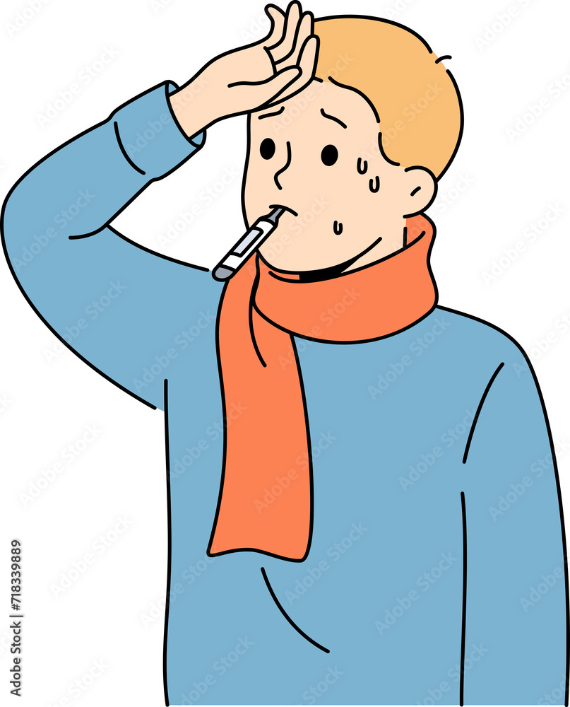 Sick flu boy with thermometer in mouth touching forehead with fever and ...
