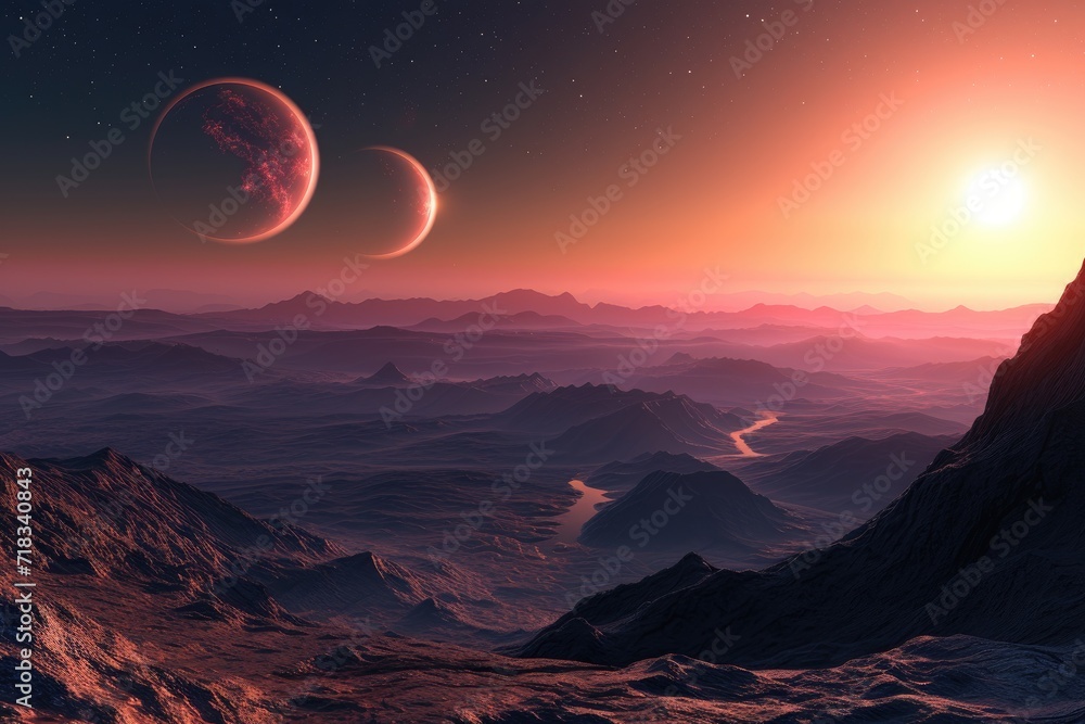 Alien landscape with multiple moons and sunrise. Space exploration and ...