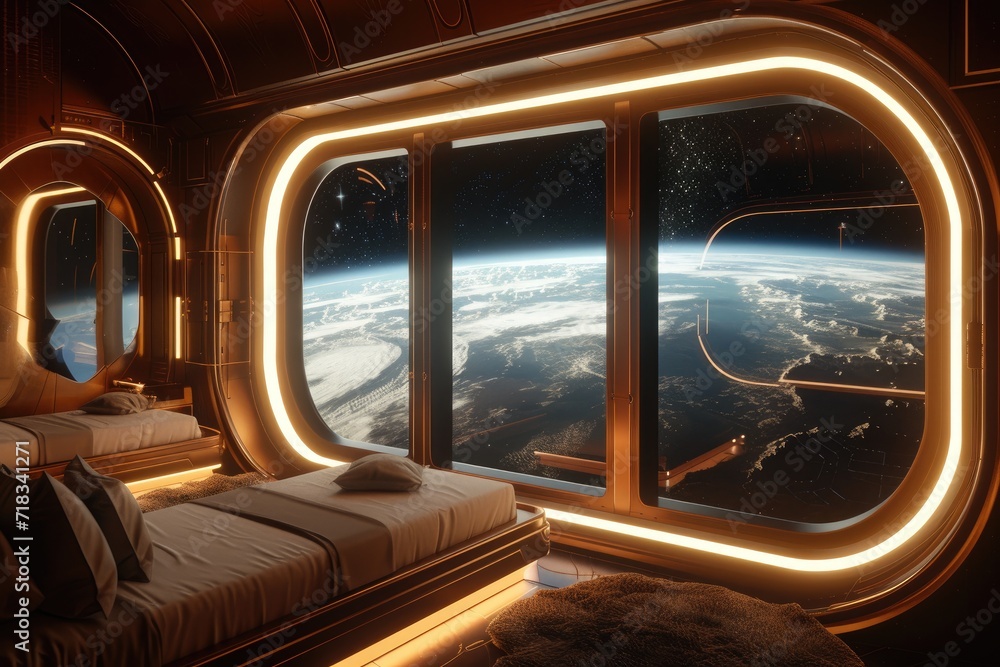 Luxury space hotel room with Earth view. Space tourism and travel ...