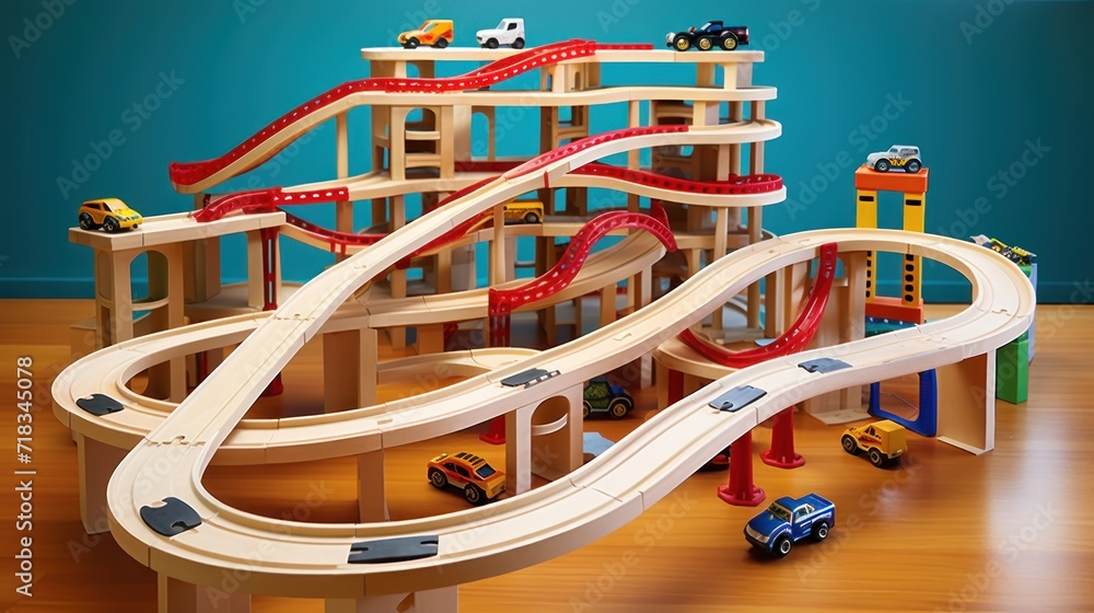 a toy train set with cars and ramps on a hard wood floor with a blue ...