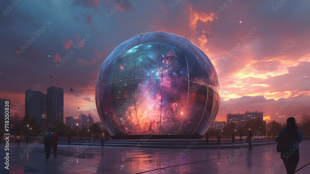 planetarium at dusk, its modern glass and steel structure glowing with ...