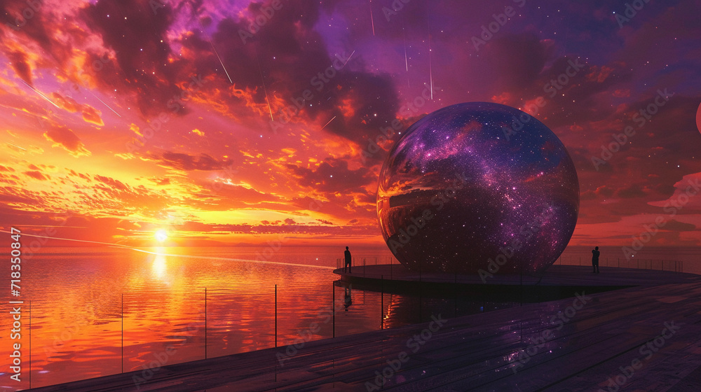 planetarium during sunset, with its reflective dome mirroring the ...