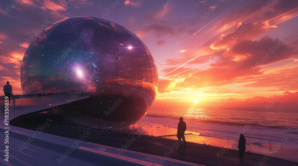 planetarium during sunset, with its reflective dome mirroring the ...
