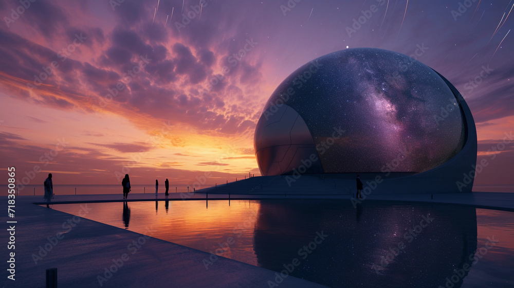 planetarium during sunset, with its reflective dome mirroring the ...