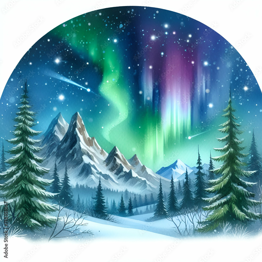 Watercolor of Purple and Green Northern Lights Aurora Borealis Over the ...