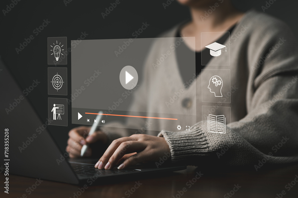 e learning concept. Woman learning online with webinar. The Internet is ...