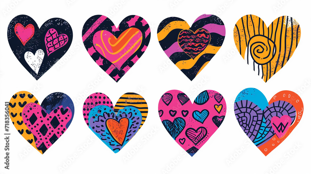 A collection of hearts with 1960s pop art designs, complete with bold ...