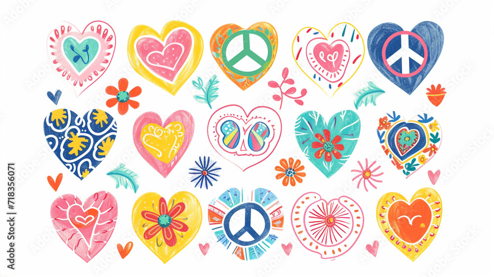 Hearts with classic 60s peace symbols and flower power designs, 1960s ...