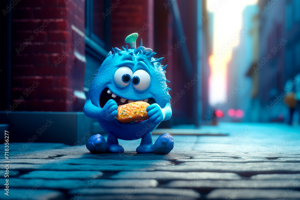 Funny blue baby monster with a sandwich. Cute creature with a school ...