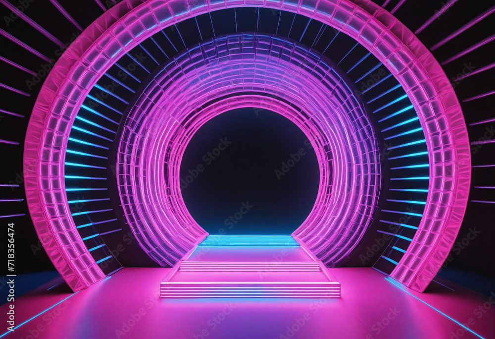 Round stage with pink blue neon light and screen pixels glowing dots ...