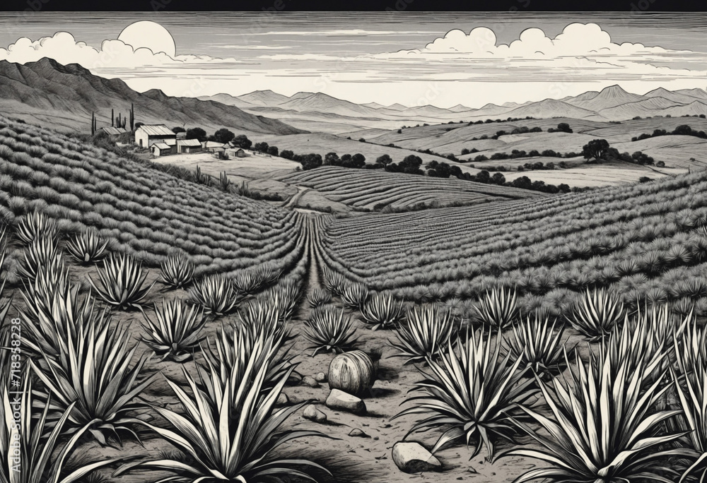 Field of agave. old fashioned retro scenery harvesting to make tequila ...